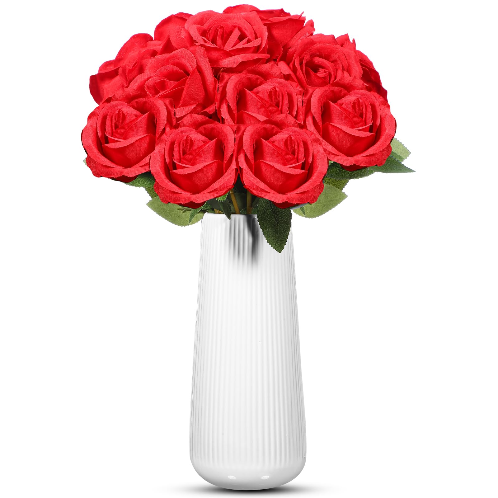 Amazon.com: 12 Red Rose Fake Flowers with Vase, Realistic Silk ...