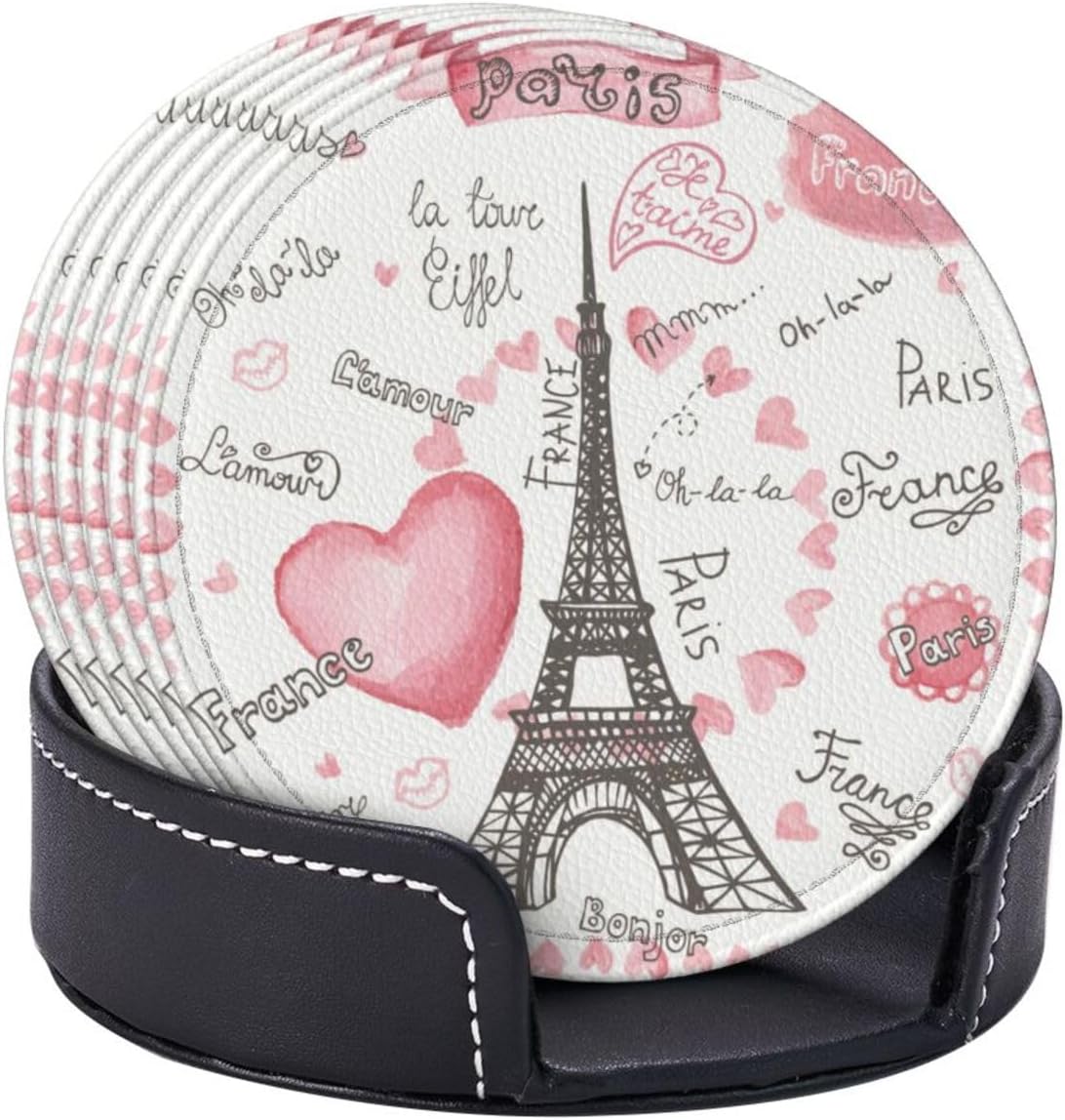 Amazon.com: Paris Eiffel Tower Lettering Hearts Drink Coasters Set of 6 ...