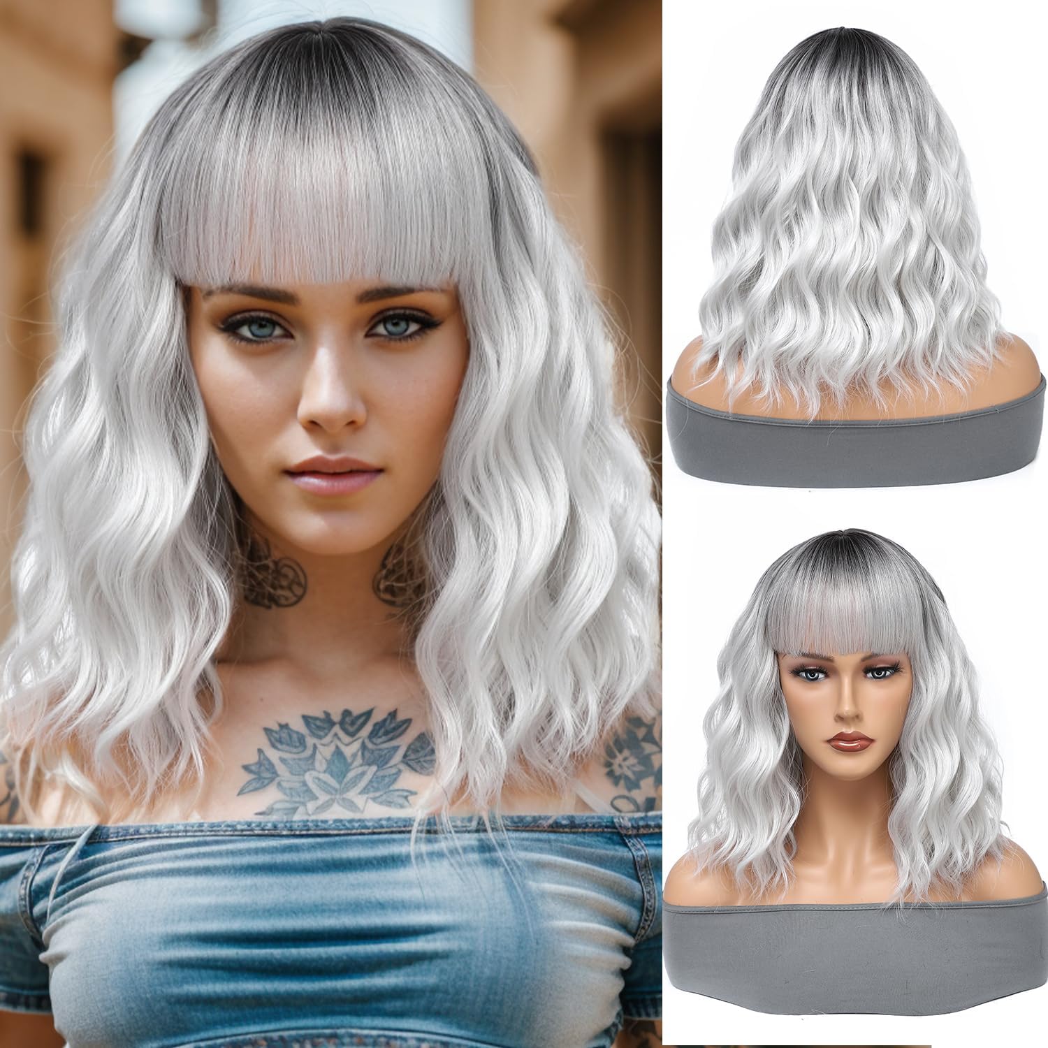 Amazon.com : MeaYOO Short Silver Grey Bob Wig With Bangs for Women ...