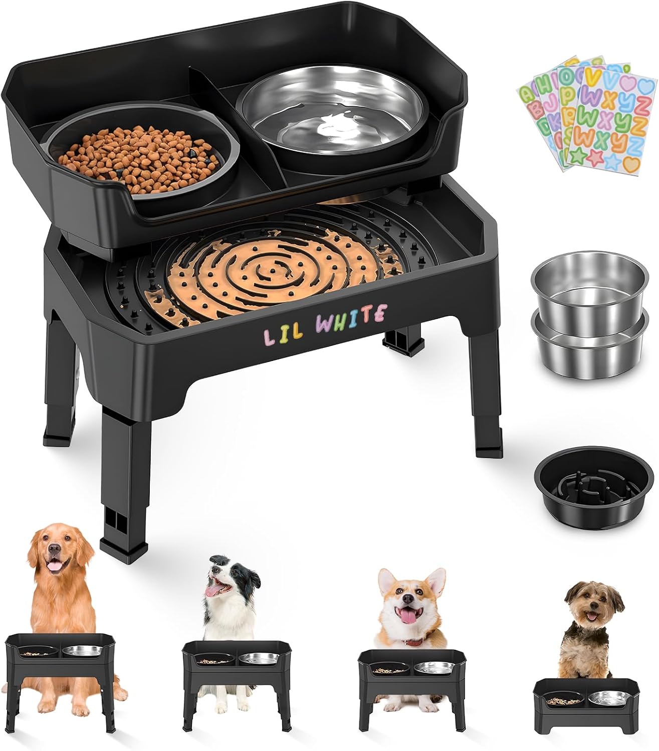 Elevated Dog Bowls with Licking Plate and Adjustable Stand, Includes 2 ...