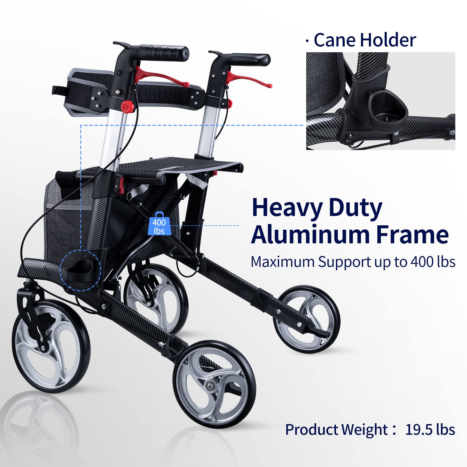 HAMED Heavy Duty Rollator Walker with Extra Wide 20" Seat, Support to ...
