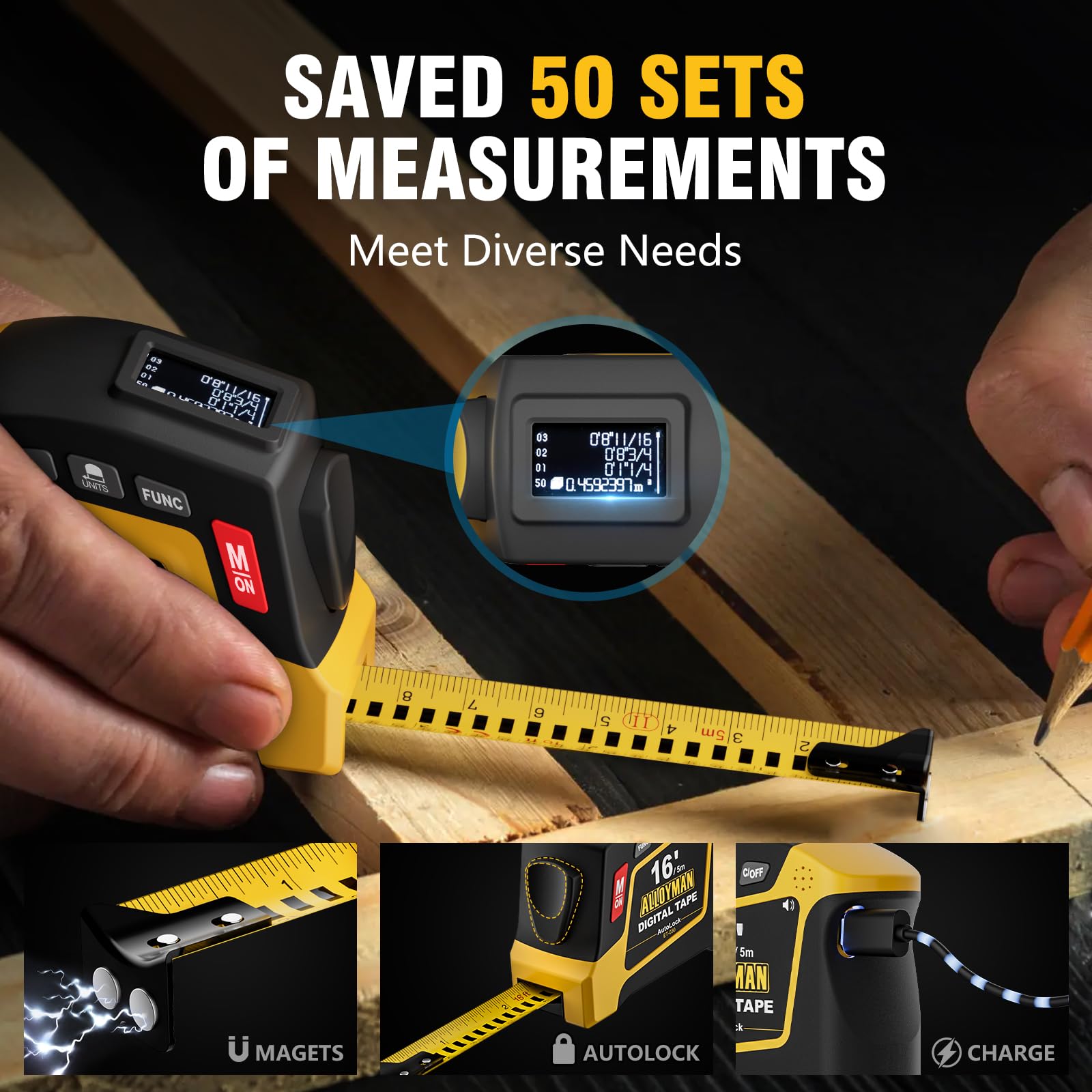 Snapklik.com : 2-in-1 Digital Tape Measure, 16Ft Measuring Tape, 50 ...