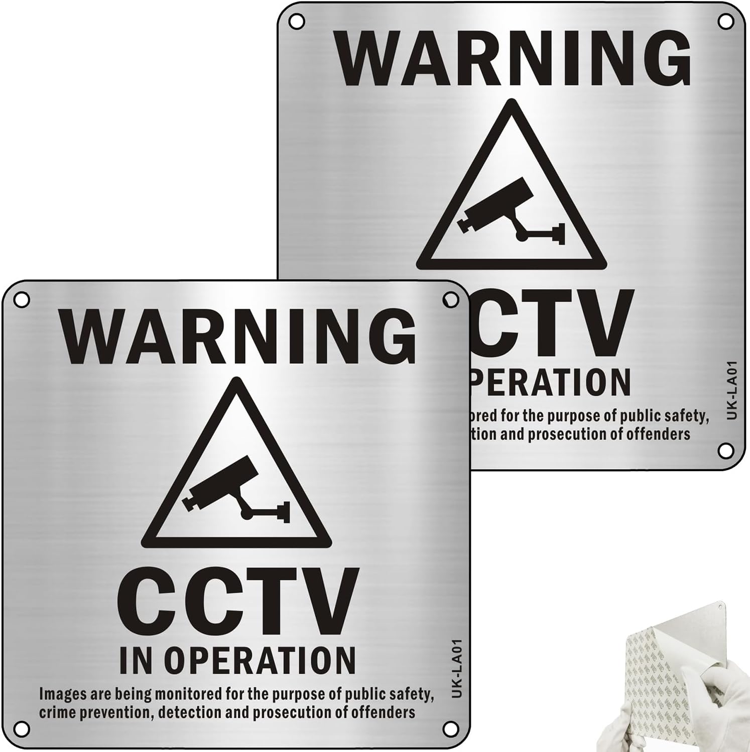 2 Pack CCTV in Operation Signs Brushed Aluminium, 15×15 cm Surveillance ...