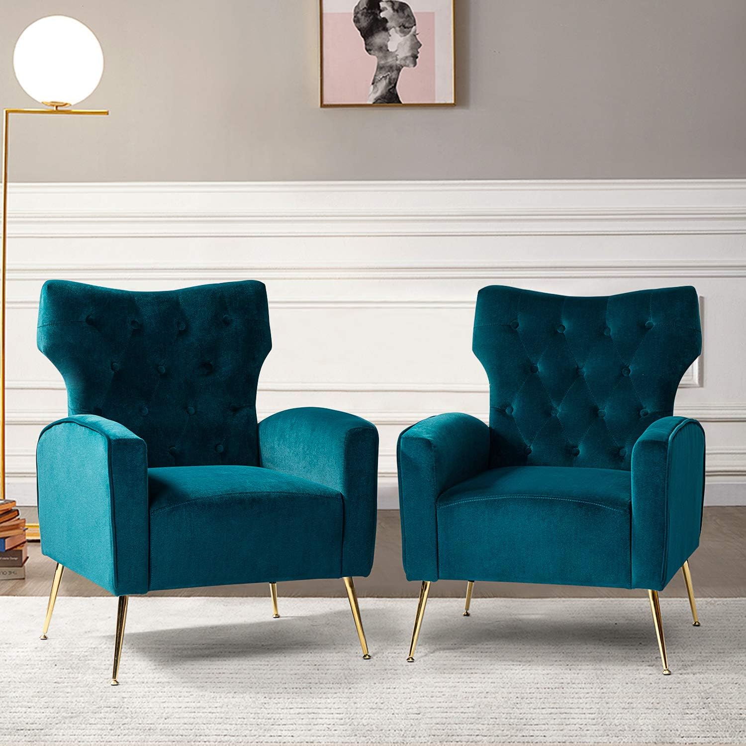HULALA HOME Modern Wingback Velvet Accent Chairs Set of 2, Button ...