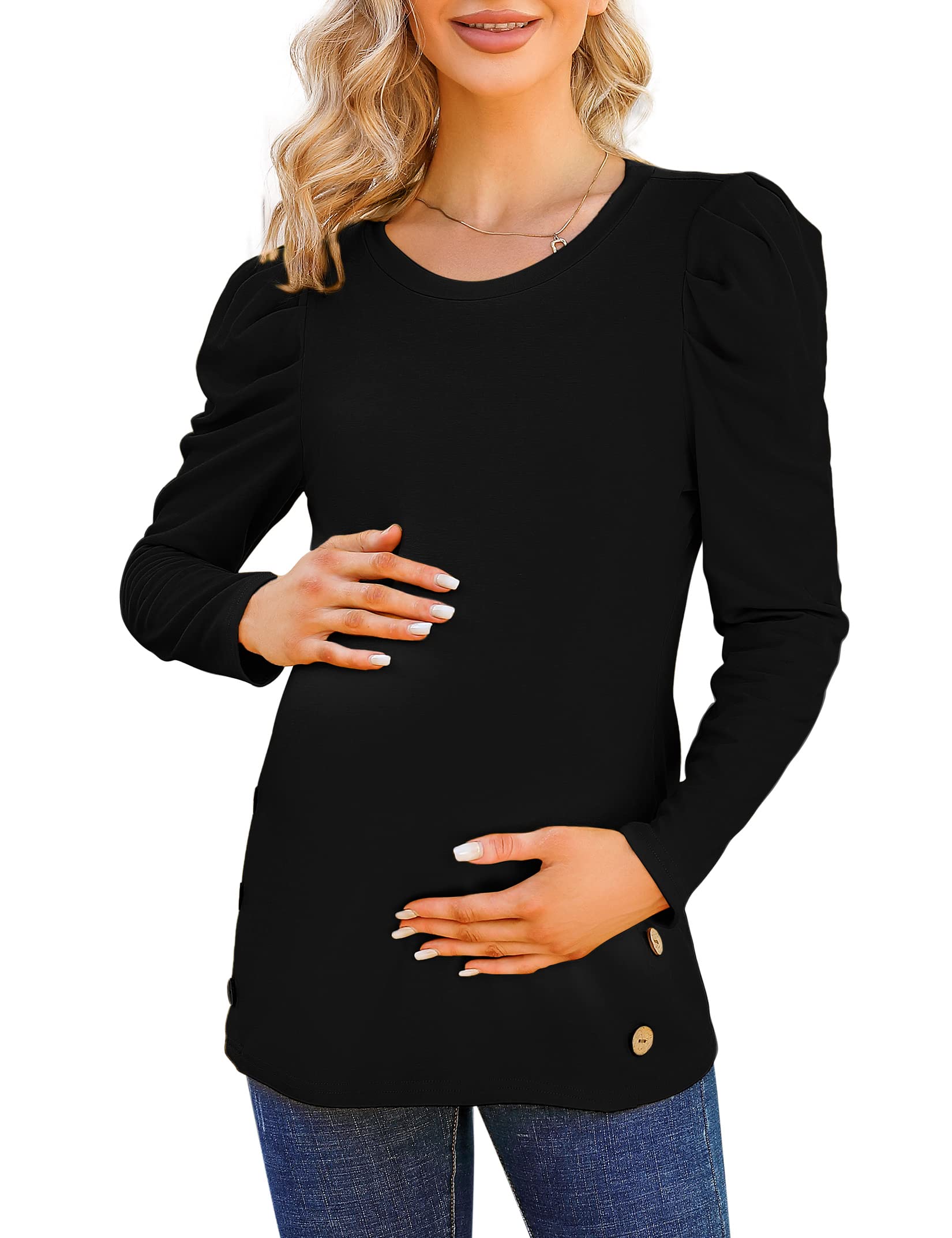 FUNJULY Maternity Top Crew Neck Long Sleeve Puff Sleeve Side Button and Ruched Shirt Tunic ...