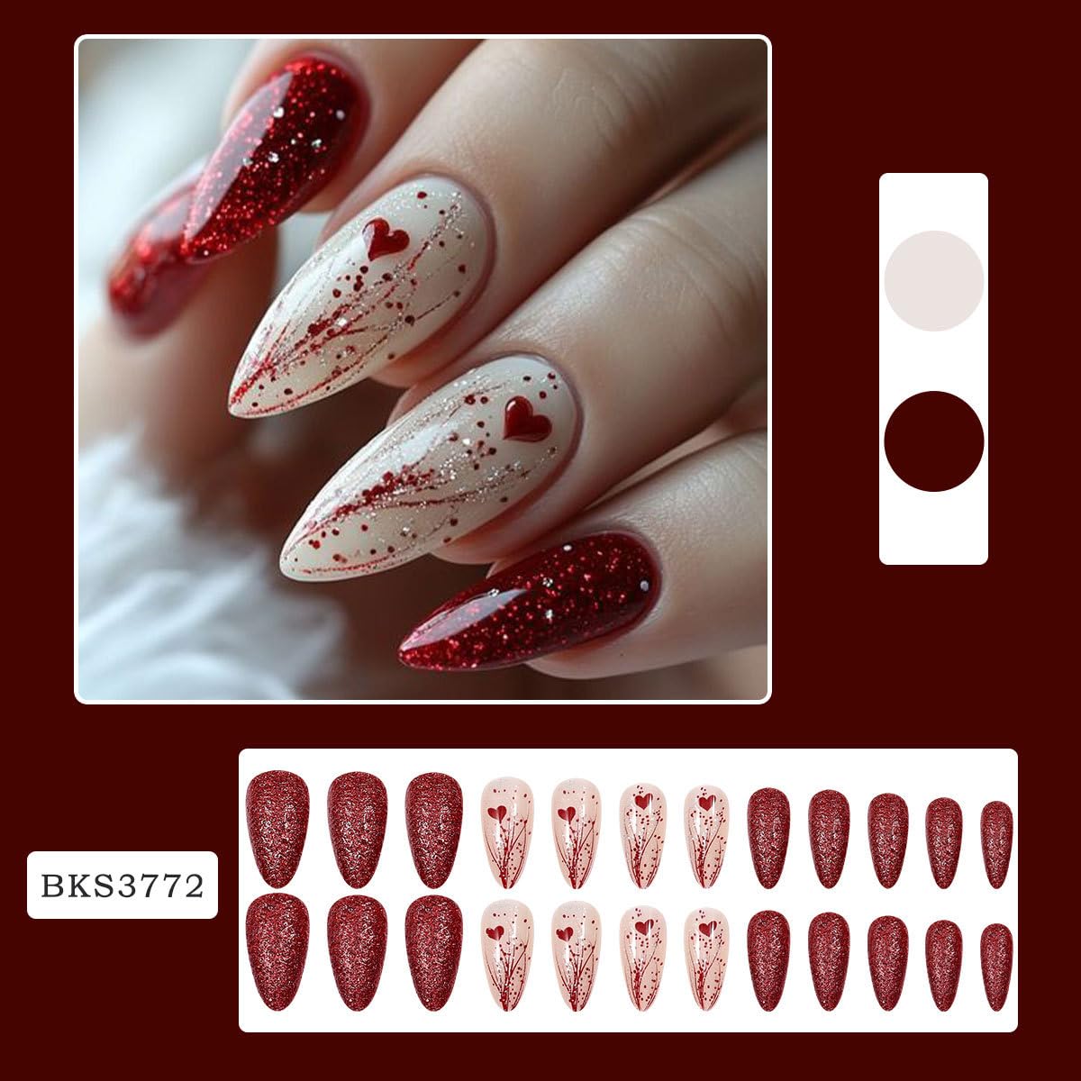 Valentines Press on Nails Almond Medium Fake Nails Red Nails Press Love ...