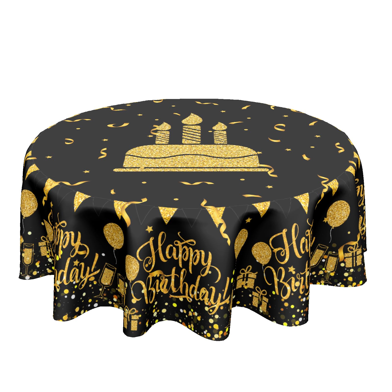 Amazon.com: Happy Birthday Round Tablecloth 60 Inch Black Gold Birthday ...