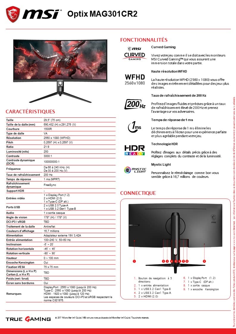 MSI Optix MAG301CR2 Écran Gaming Incurvé 29,5" WFHD - Dalle VA 1500R ...