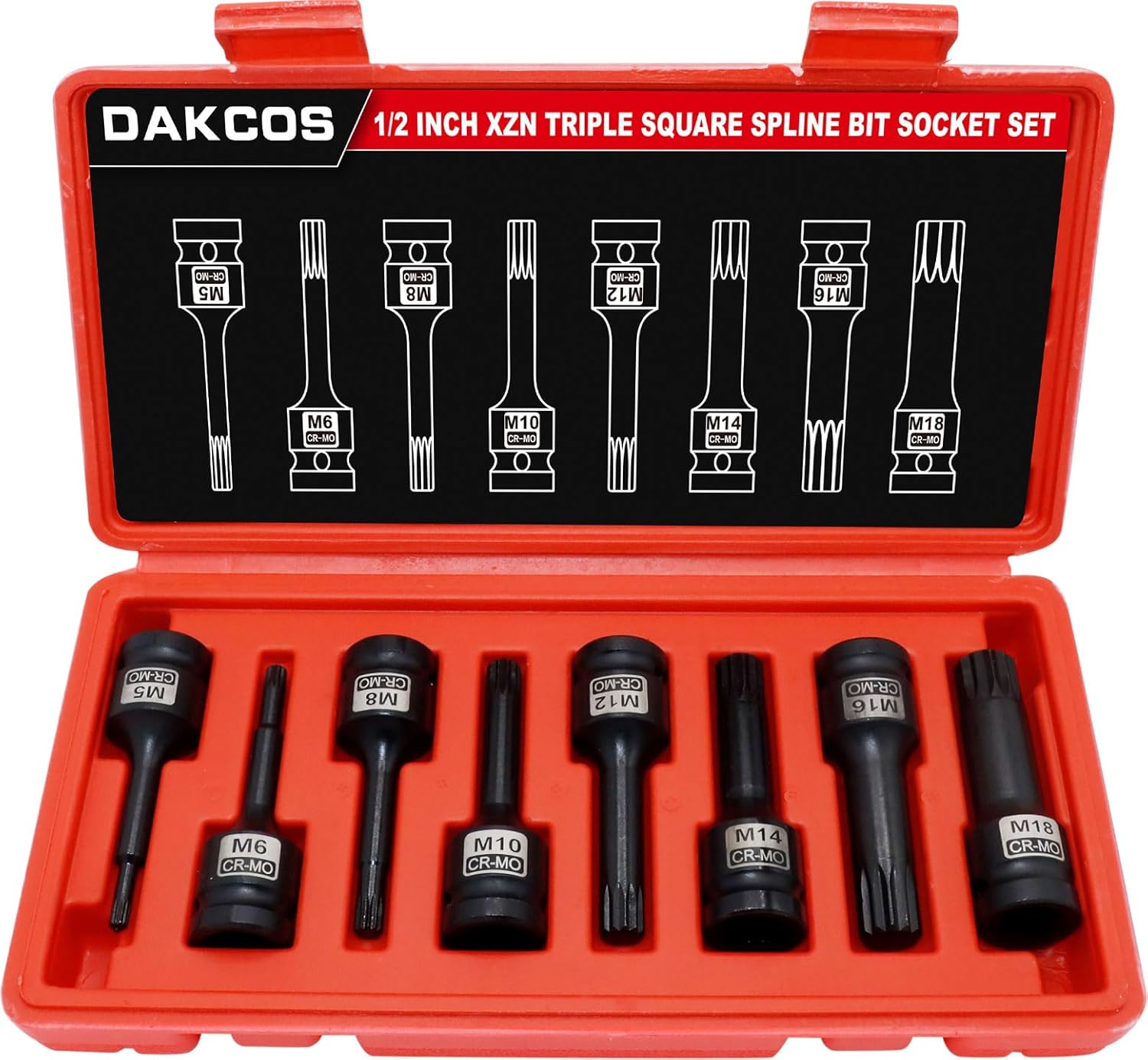 DAKCOS 1/2" Drive Impact XZN Bit Socket Set,8 Pieces M-Type M5-M18 ...