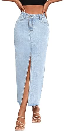 Women's High Waist Stretch Maxi Denim Skirt Front Split Frayed Raw Hem ...