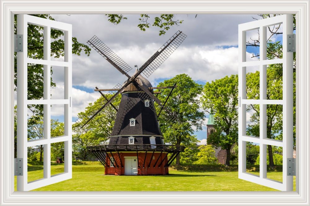 Amazon.com: GreatHomeArt Modern Window Scenes Windmill 3D Wall Stickers ...