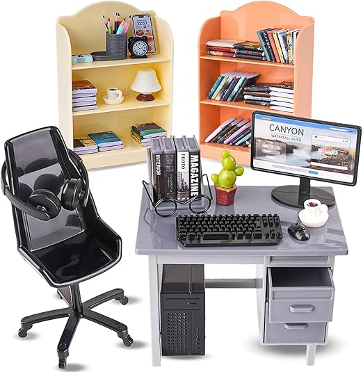 Amazon.com: 1:12 Scale Mini Office Desk Set Including Mini Computers ...