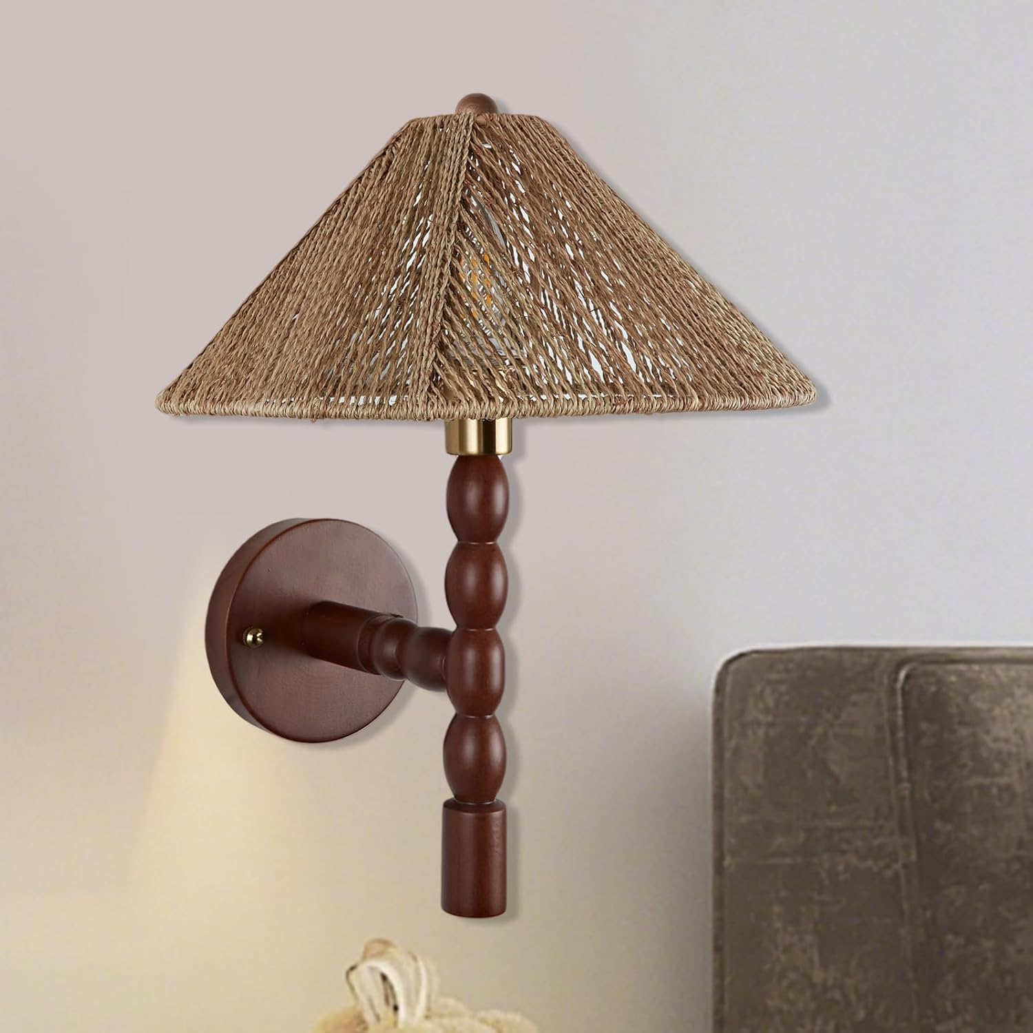 11" Modern Woven Wall Sconce - Handwoven Jute & Walnut with Beaded Arm ...