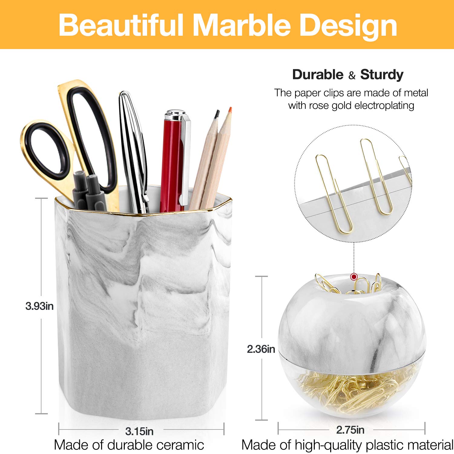 White Marble Pen Holder And Sticky Note Dispenser Set White Marble Pen ...