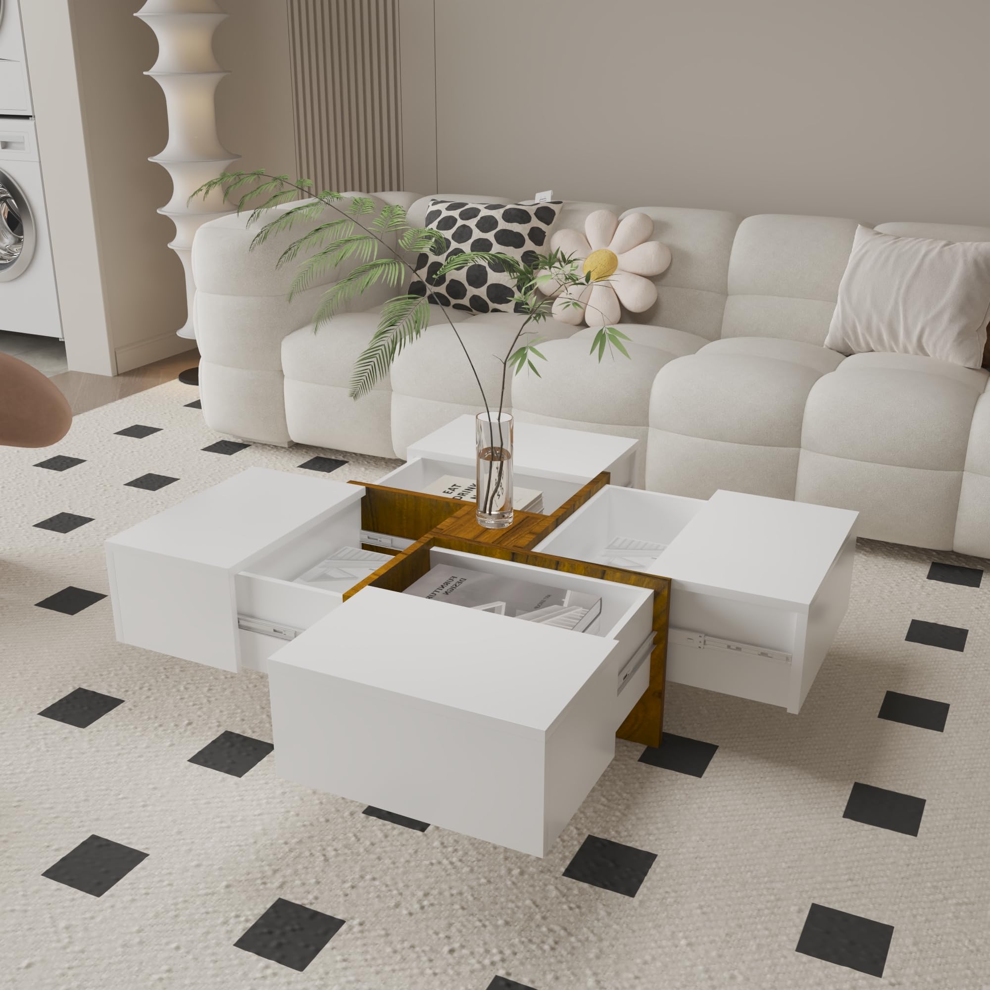 BERA DESIGN White Square Coffee Table with Storage Drawers, Natural ...