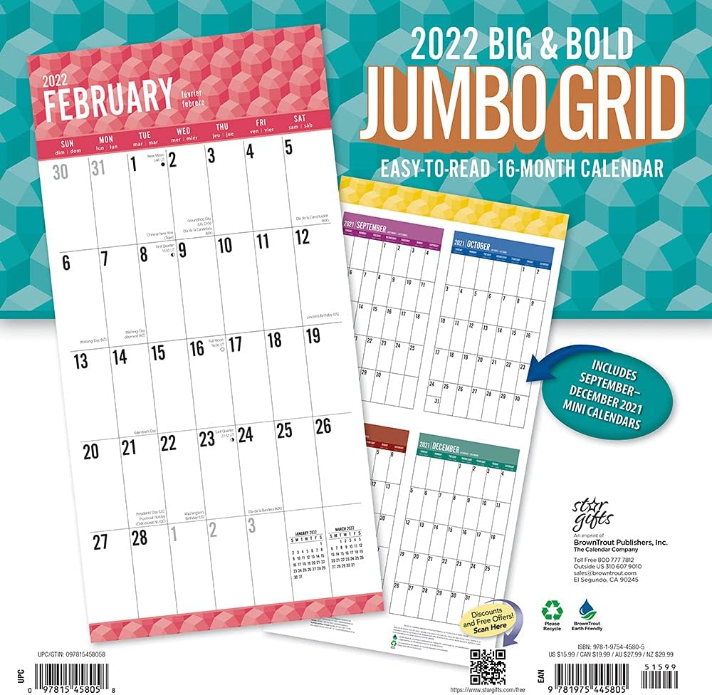 Big and Bold Jumbo Grid 2022 12 x 12 Inch Monthly Square Wall Calendar ...