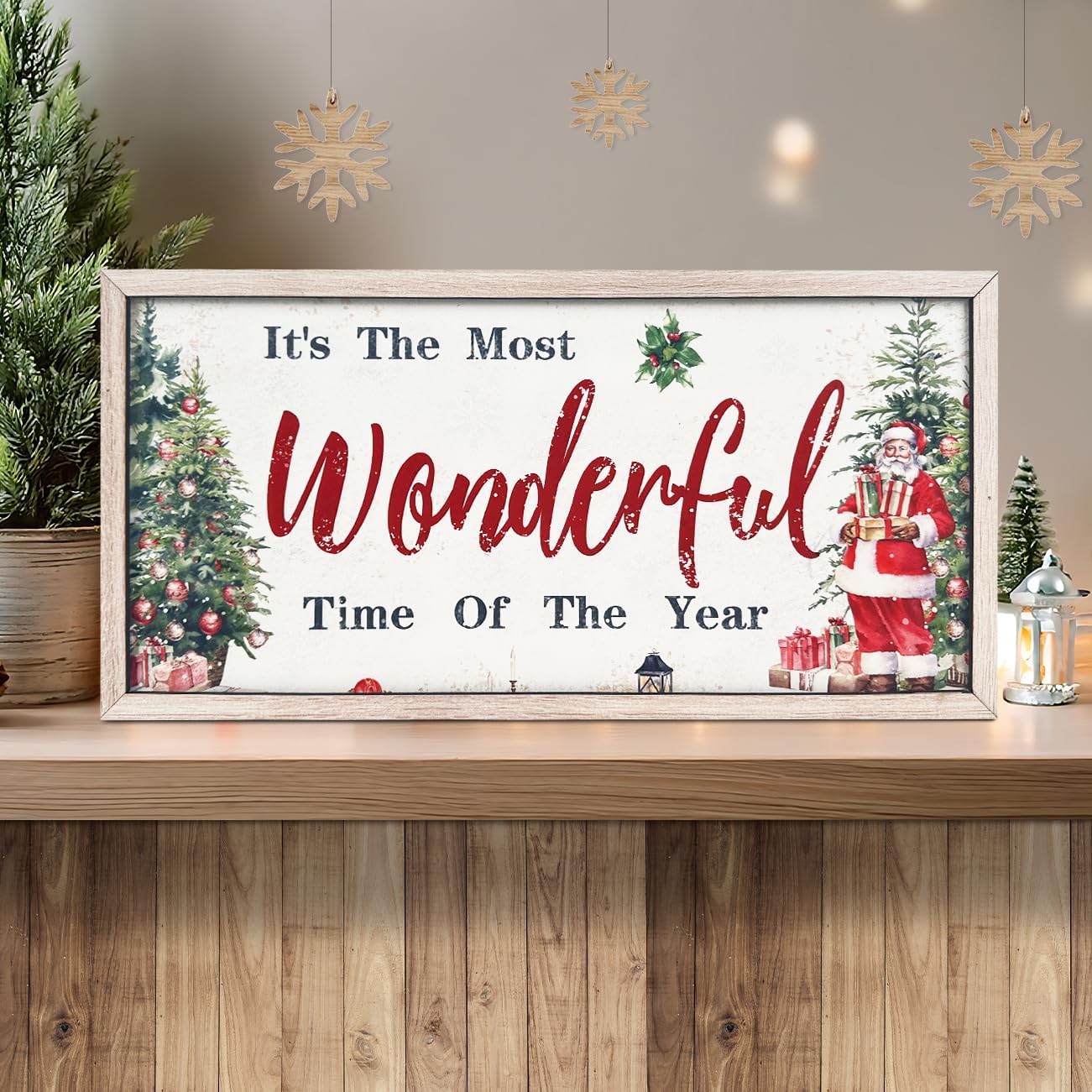 Amazon.com: Framed Canvas Christmas Wall Art Vintage Wooden Santa Claus ...