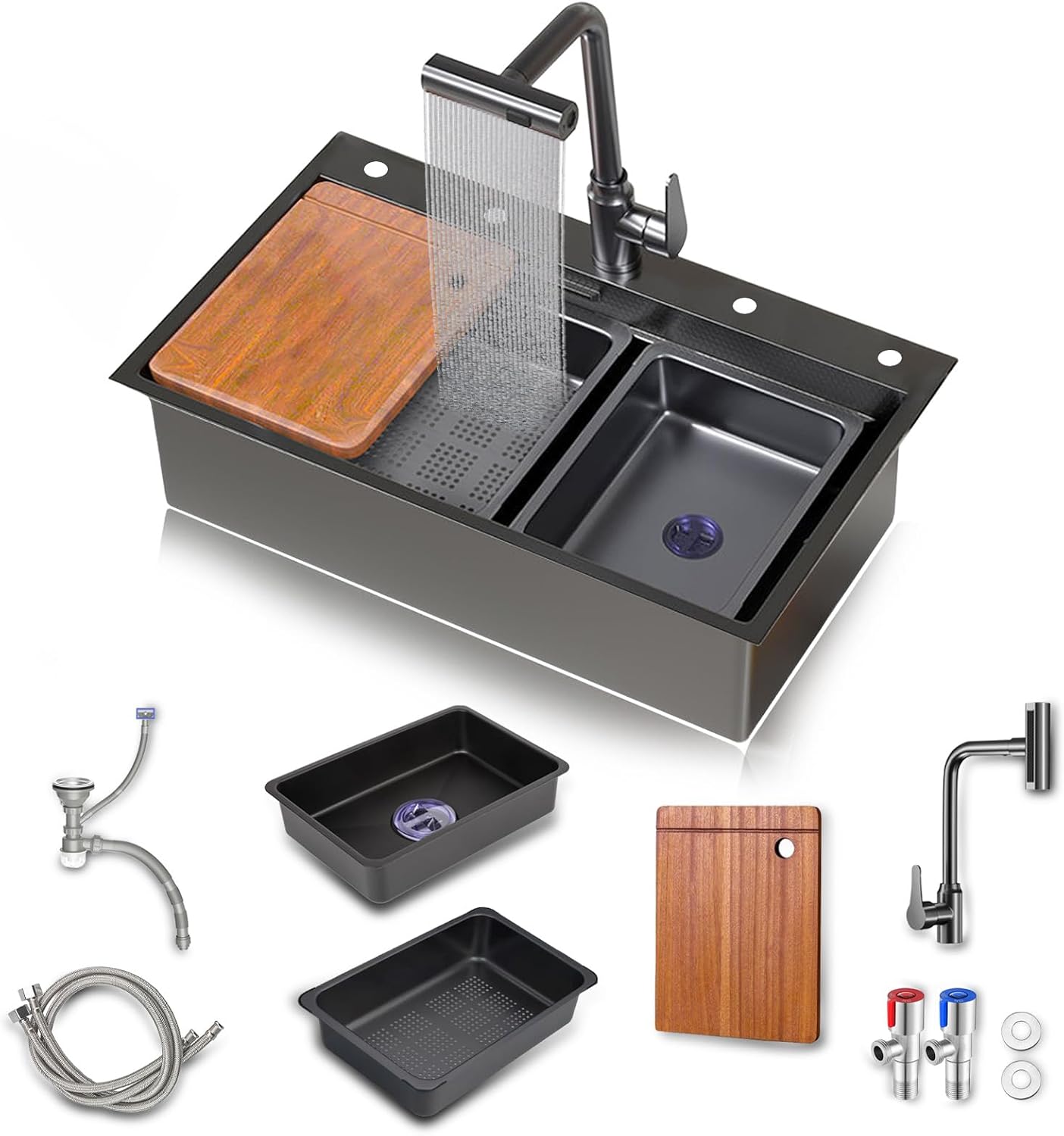 KRCKWYGF 304 Stainless Steel Waterfall Kitchen Sink Set with Pull-Out ...