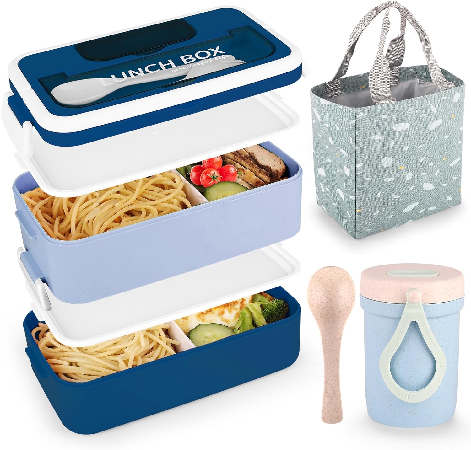 VEIOK Lunch Box, 1600ml Bento Box with Bag and Cutlery, Blue Lunch Box ...