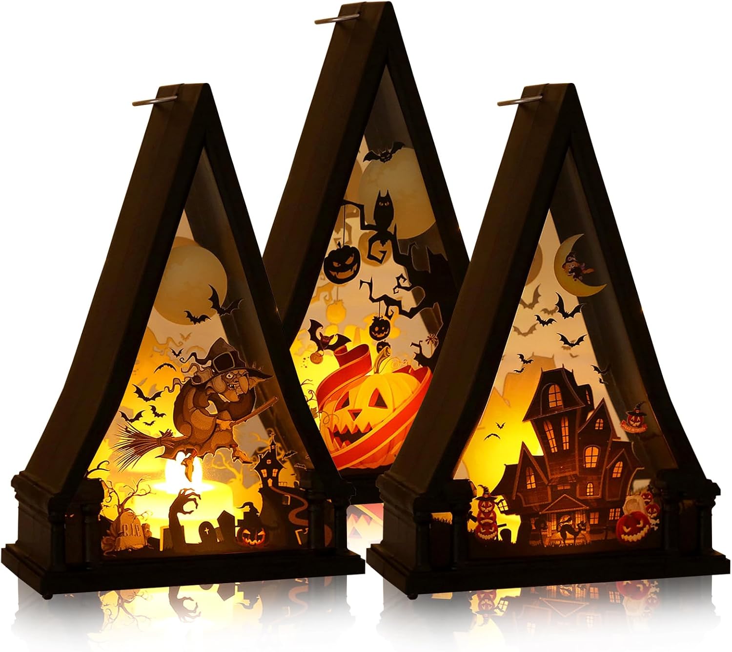 Amazon.com: ABTOLS 3pcs Halloween Triangle Lanterns, Black LED Spooky ...