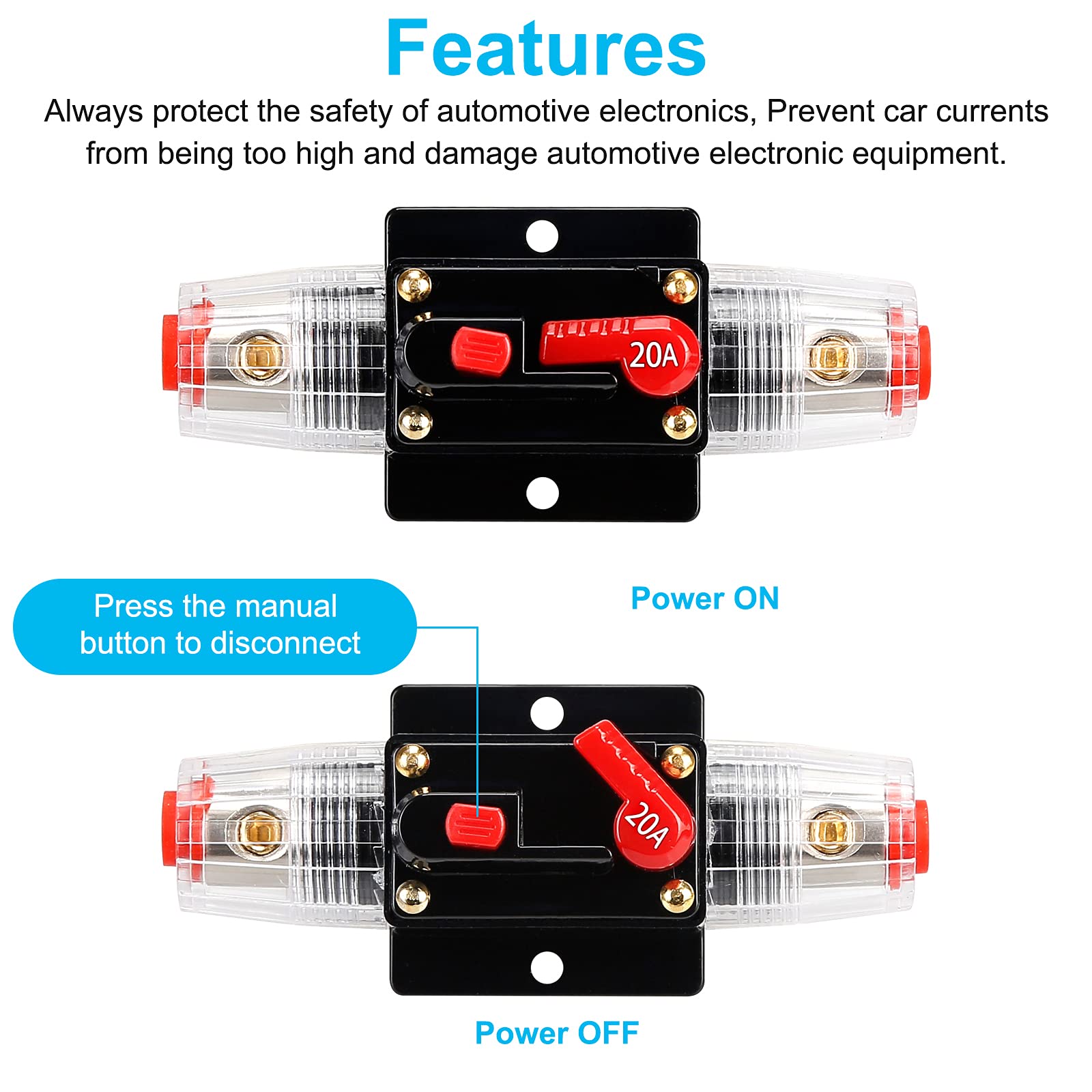 Snapklik.com : 20 Amp Audio Circuit Breaker,12V-24V DC Fuse Holder,20 ...