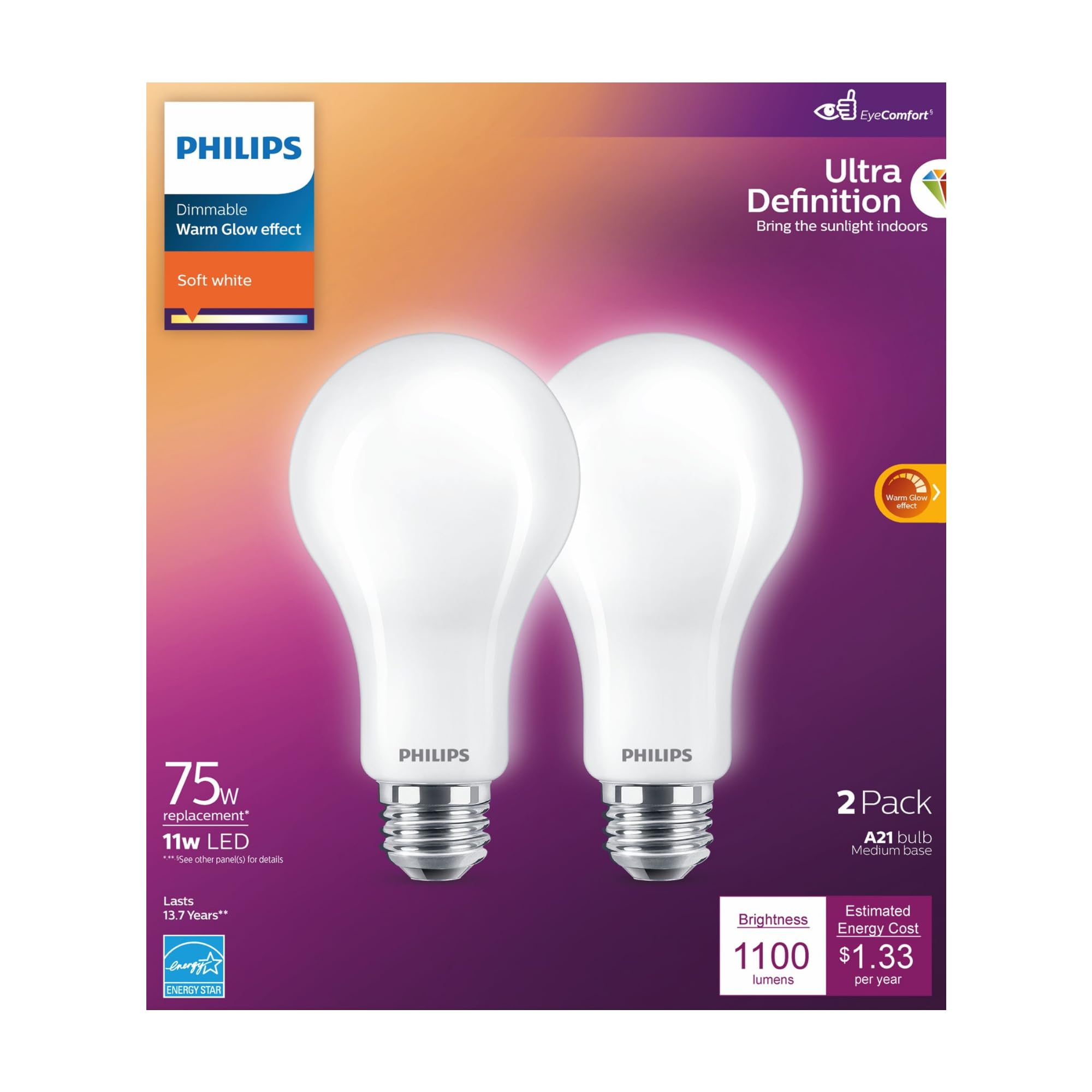 PHILIPS LED Frosted Dimmable, Warm Glow Effect A19 Light Bulb - Pack of ...