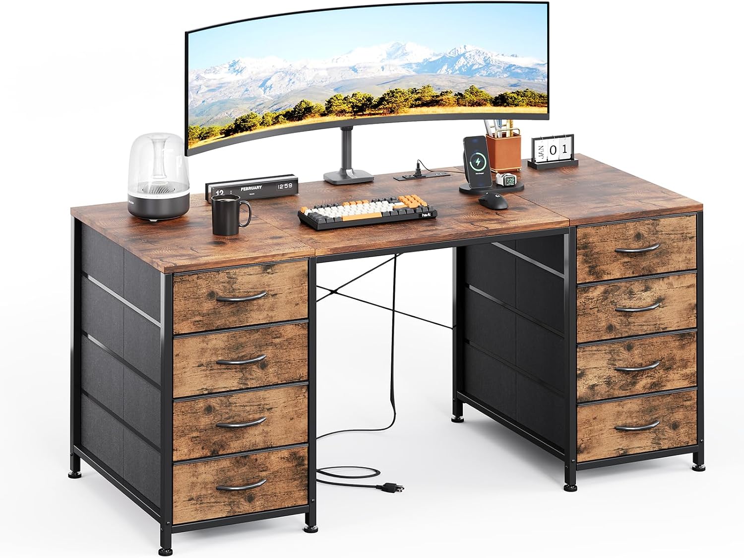 MUTUN 120cm Computer Desk with 8 Drawers, Home Office Desk with Power ...