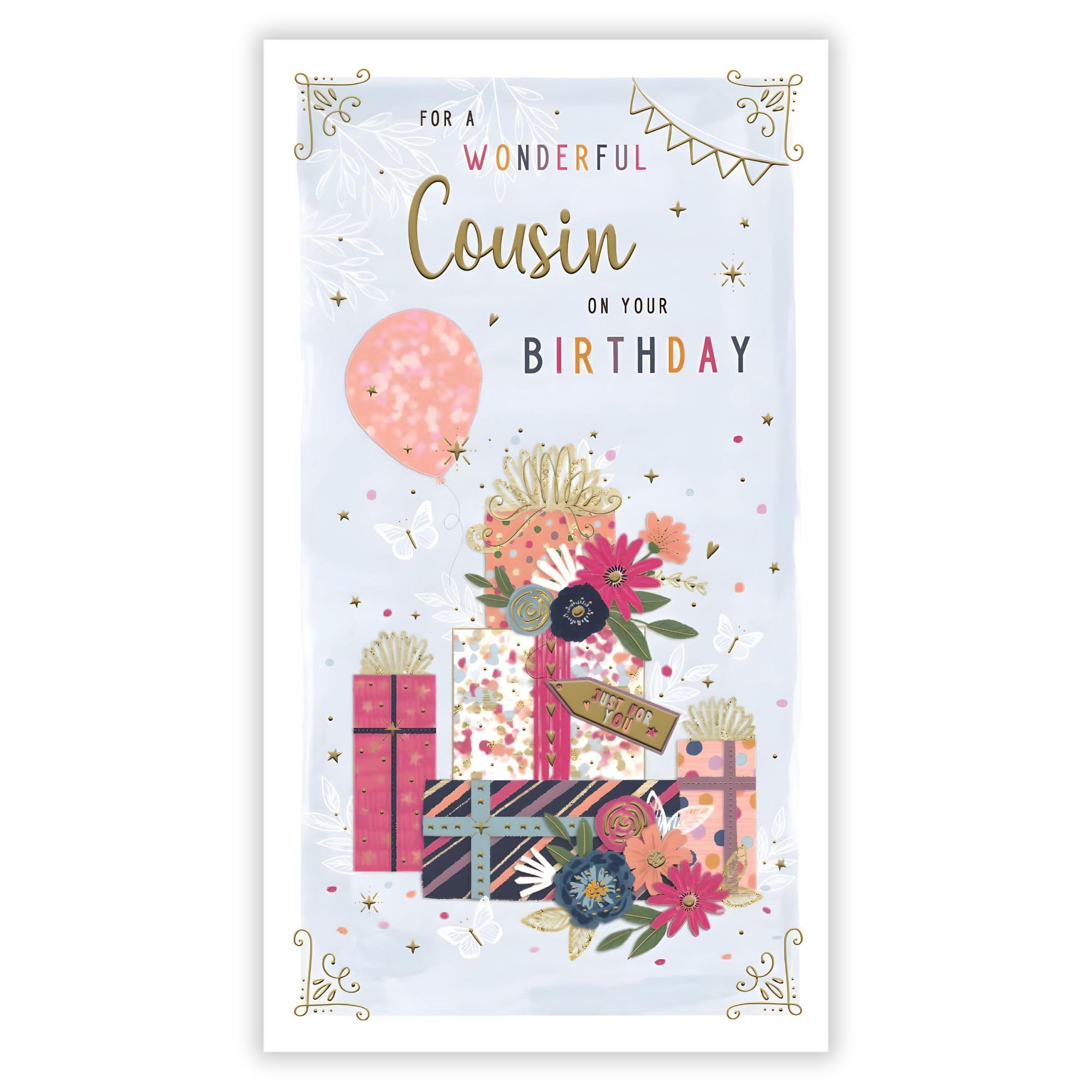 Cousin Female Birthday Card - Wonderful Cousin - Flowers and Balloon ...