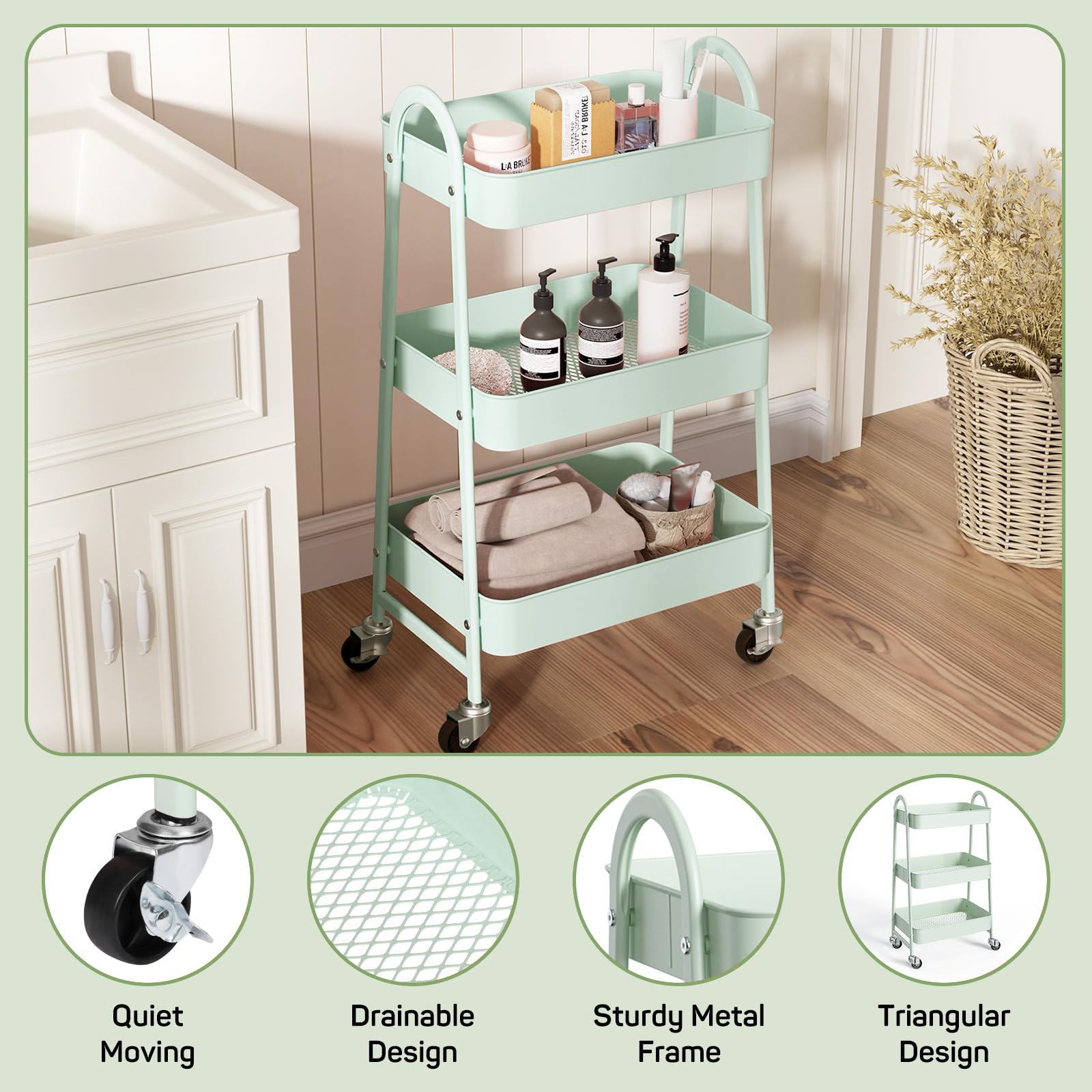 Snapklik.com : Rolling Utility Cart, 3-Tier Metal Storage Trolley