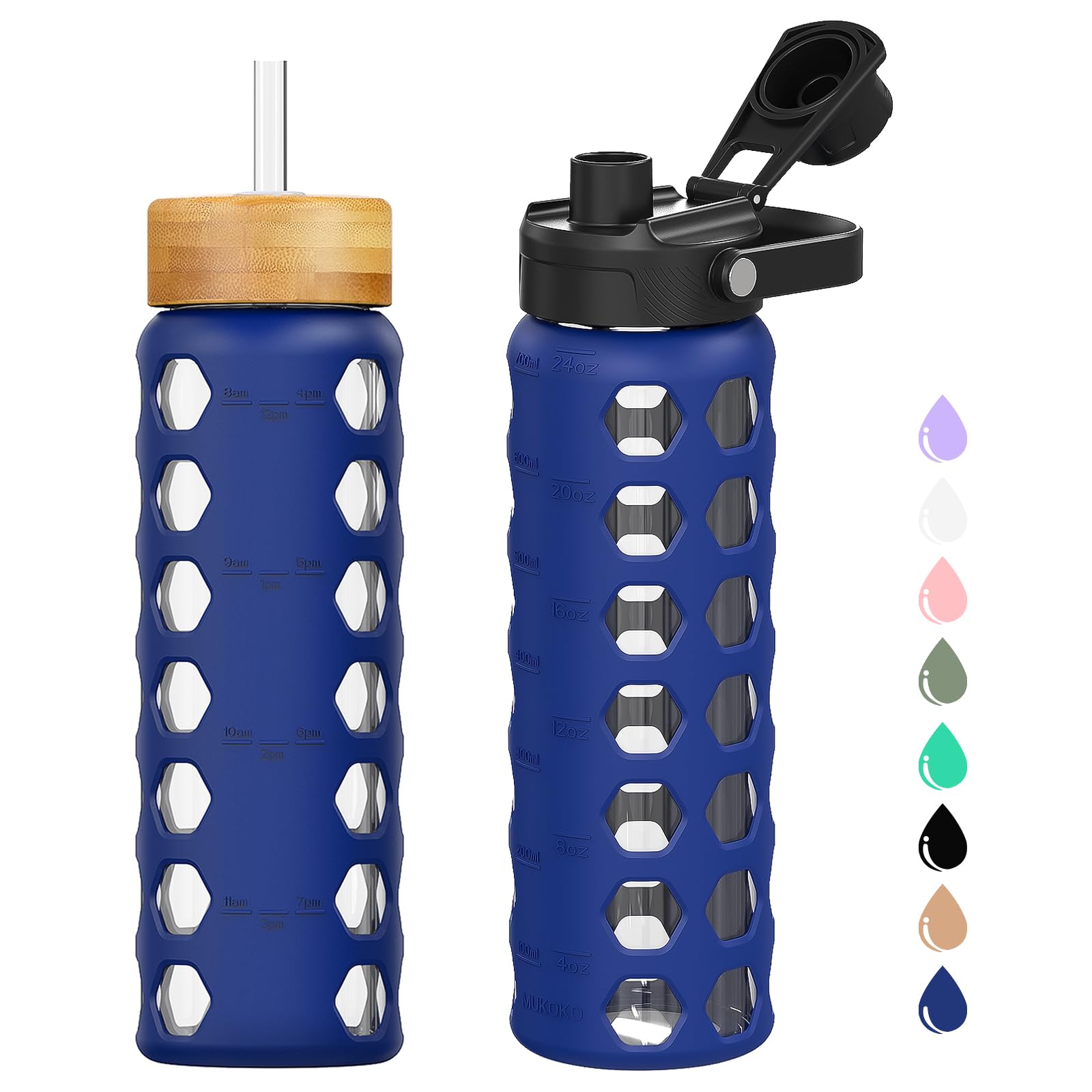 Amazon.com | MUKOKO Glass Water Bottles, 24oz Glass Tumbler with Straw ...