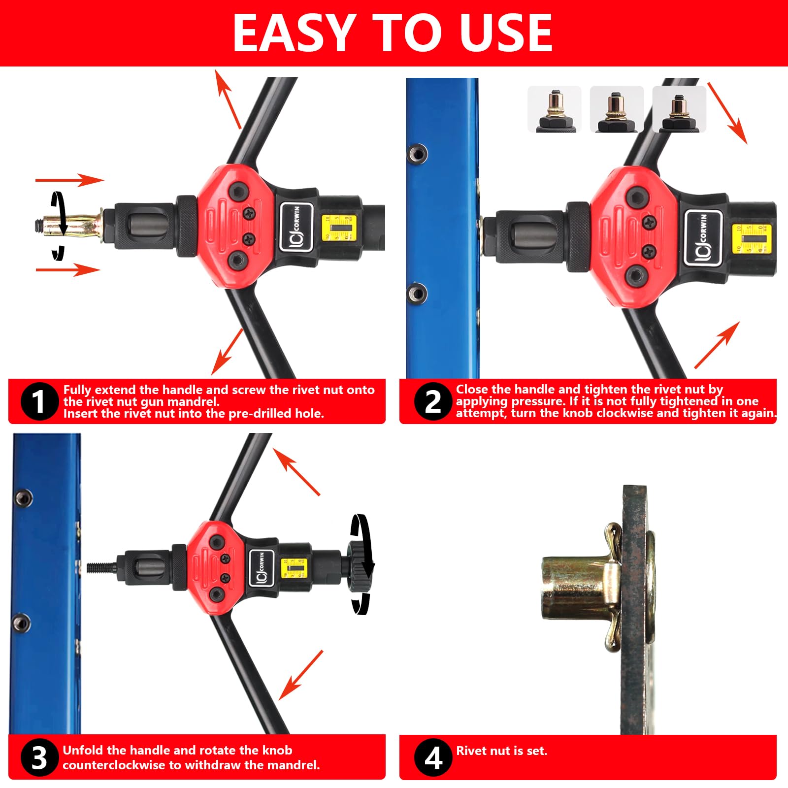 Extra Long Mandrel Rivet Nut Tool 1002 16-Inch Rivnut Gun Kit with 9 ...