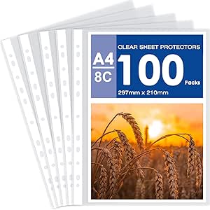 100 buste portadocumenti trasparenti A4, 80 Micron Buste Perforate, Fogli Trasparenti Incolori ...