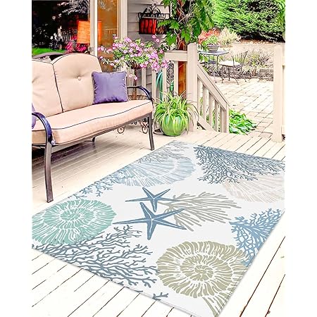 Amazon.com: Coastal Outdoor Rug for Patio/Deck/Porch, Summer Beach Blue ...