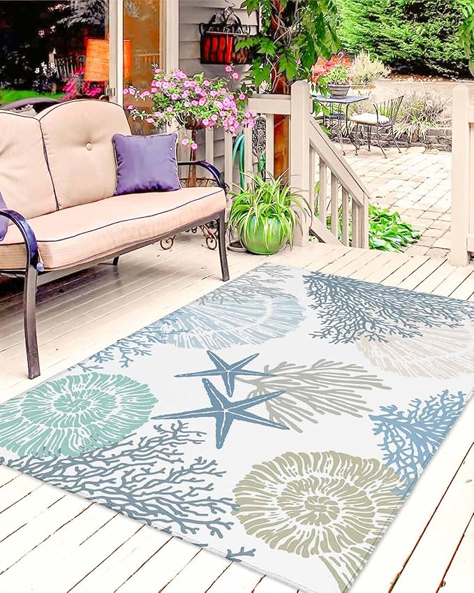 Amazon.com: Coastal Outdoor Rug for Patio/Deck/Porch, Summer Beach Blue ...