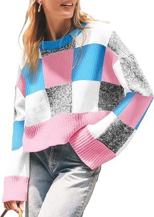 Saodimallsu Womens Checkered Sweater Cropped Oversized Trendy Fall Crew ...