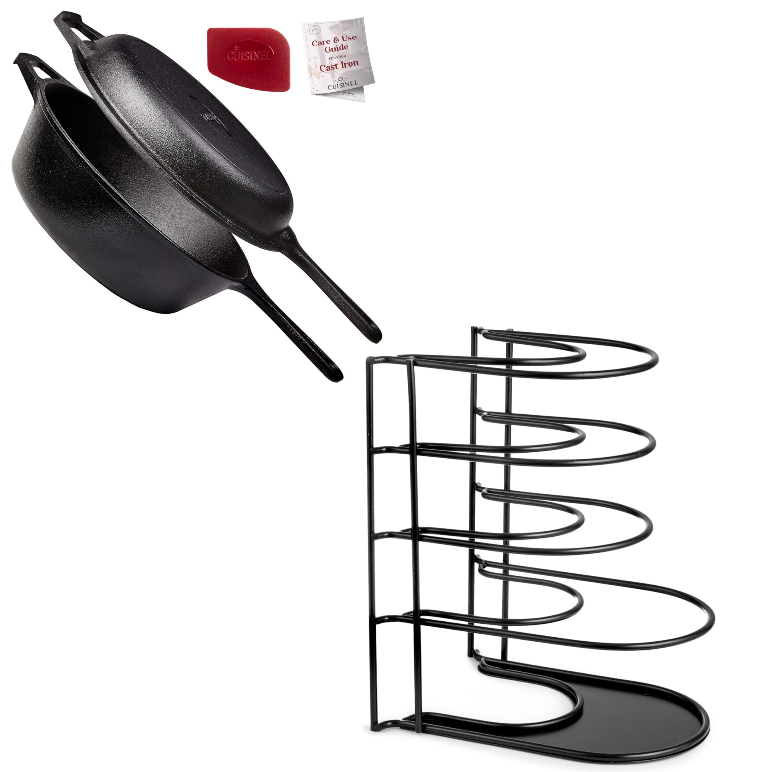Amazon.com: Cuisinel Cast Iron Double Skillet + Pan Rack Organizer - 2 ...