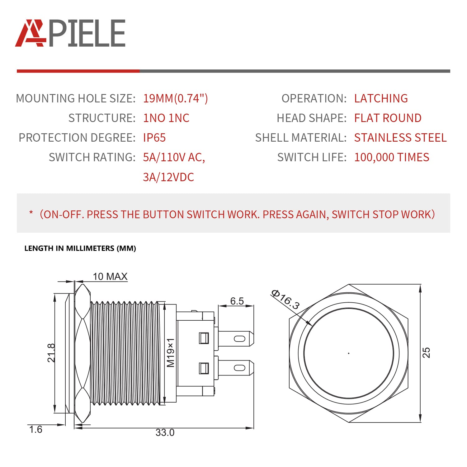 Snapklik.com : (Pack Of 2) 19mm Latching Push Button Switch Waterproof ...