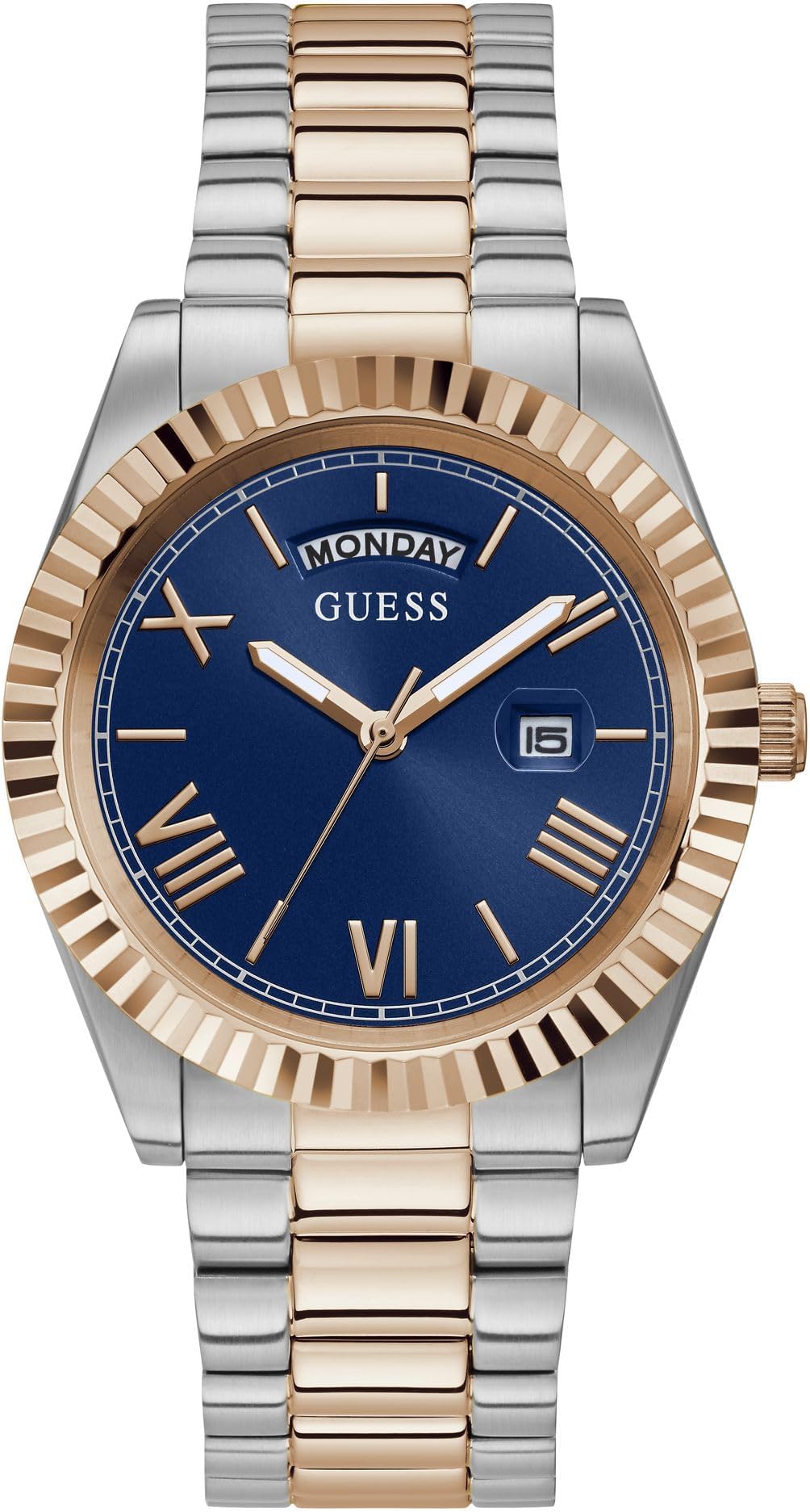 GUESS Men's Stainless Steel Analog Blue Dial Two-Tone Band Watch ...