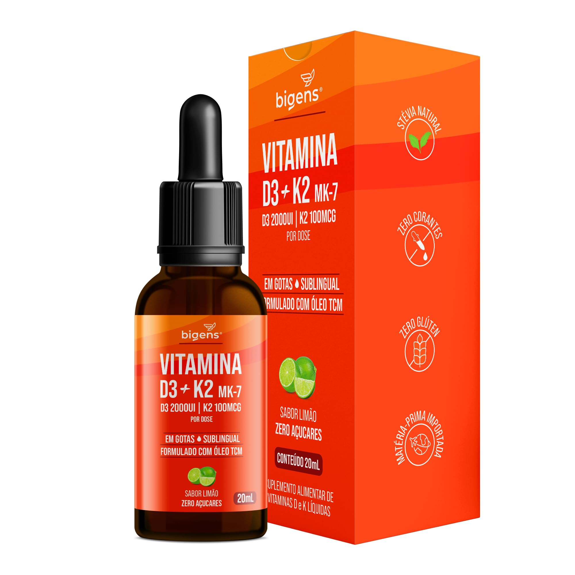 Vitamina D3 + K2 MK-7, em Gotas, Sublingual, D3 2000UI | K2 100mcg, sabor limão, 20ml, Biogens ...