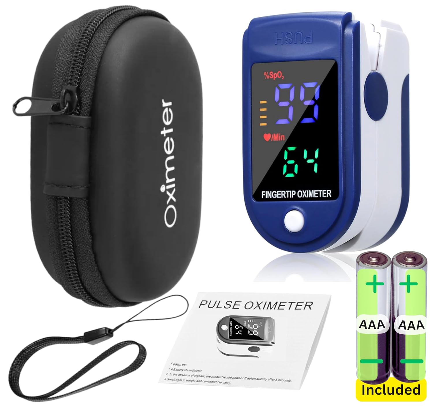 Fingertip Pulse Oximeter, x2 AAA Battery(included), Carrier Case ...