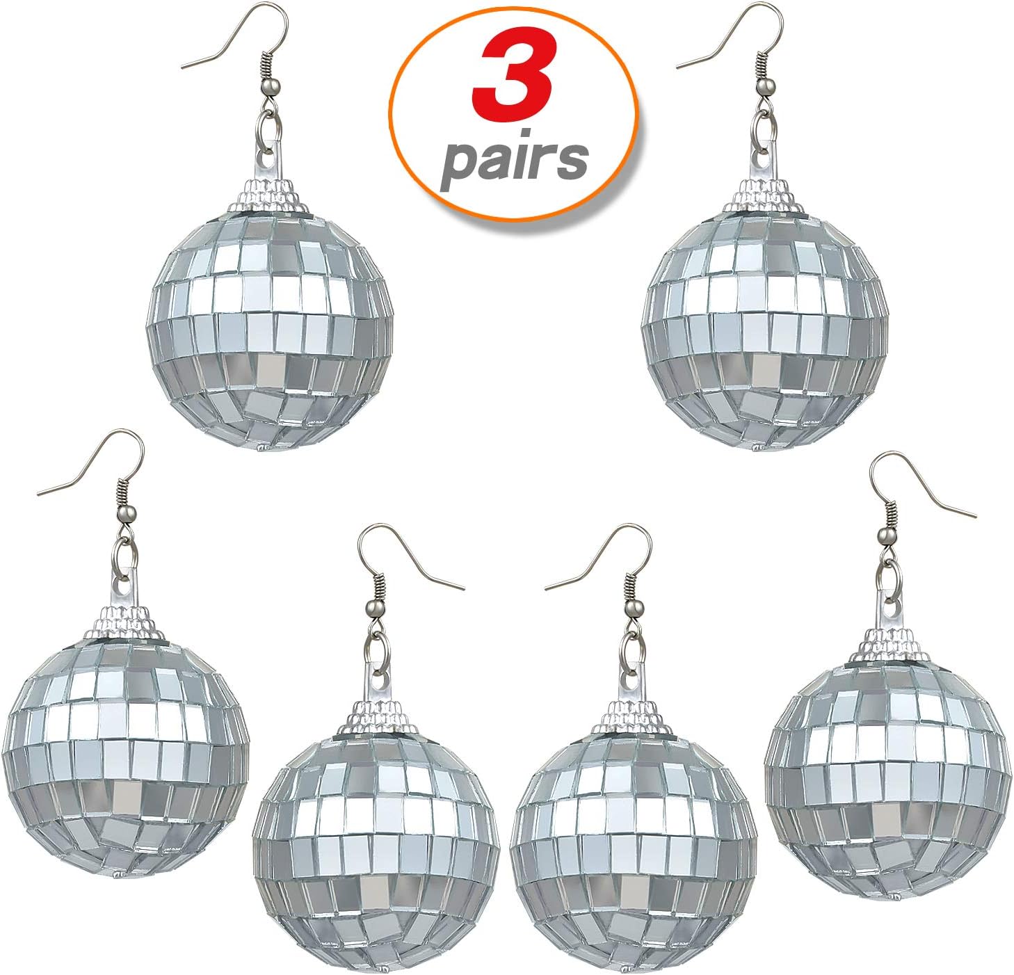 Amazon.com: 3 Pairs Disco Earrings Silver Ball Earrings Women's Costume ...