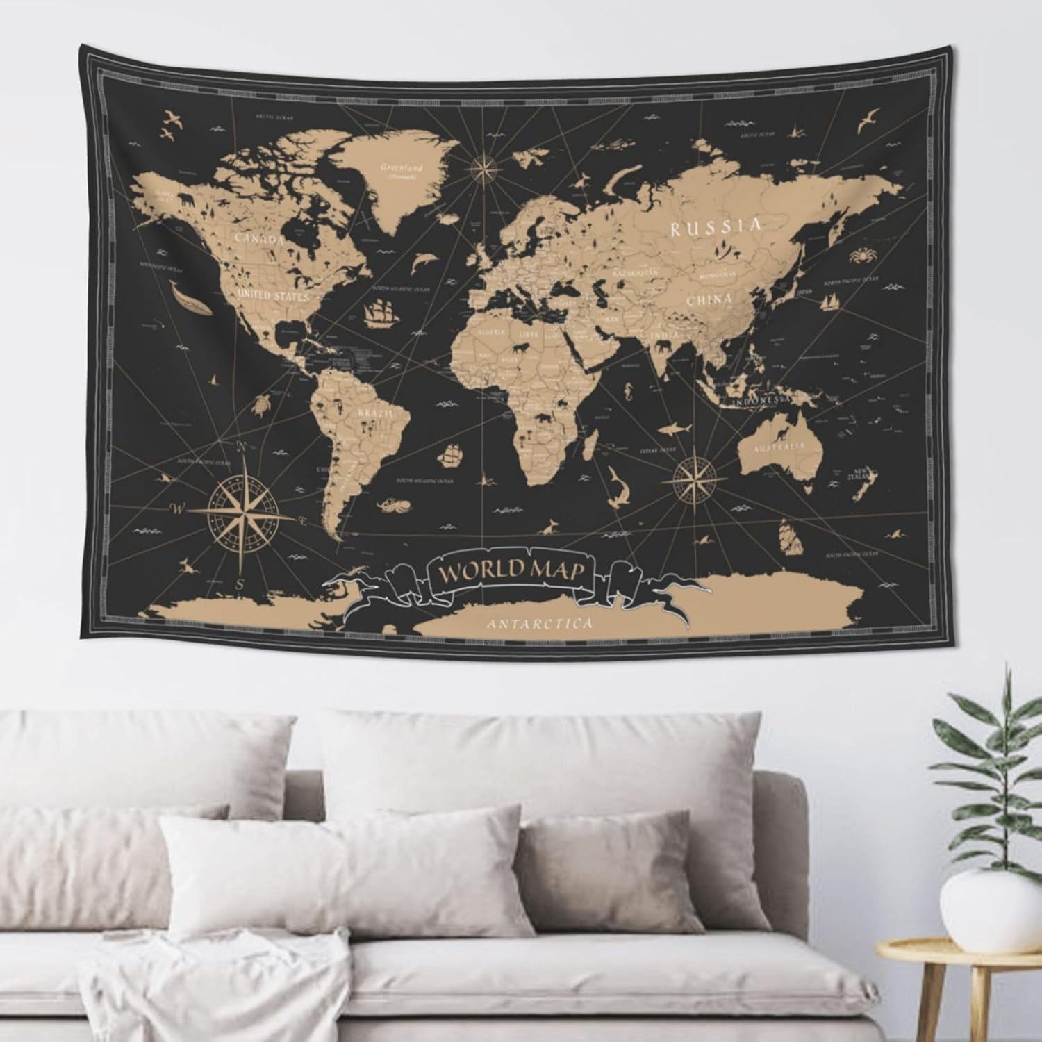 Amazon.com: MOUNDHONG Retro World Map Black Tapestry Wall Hanging, Art ...
