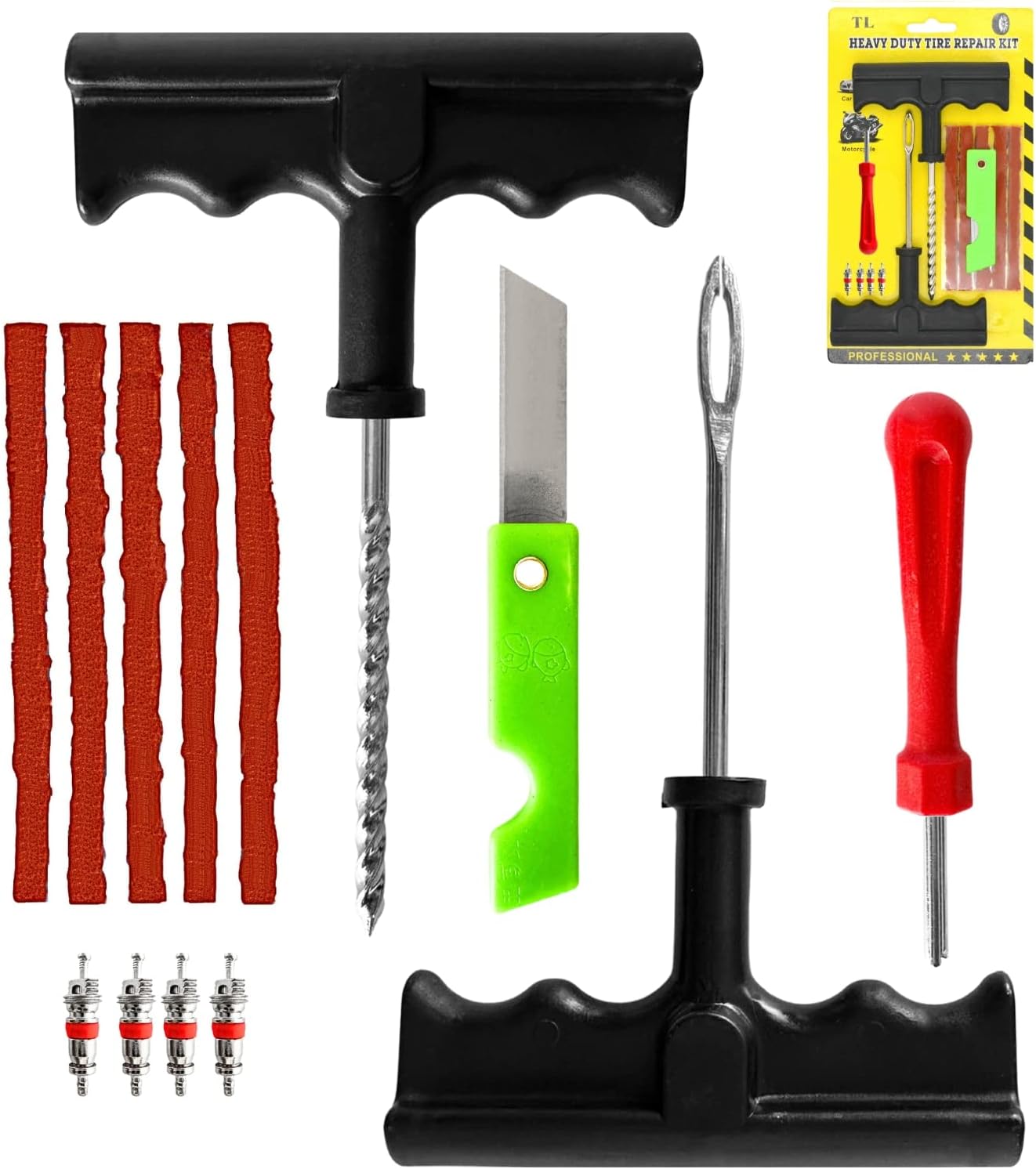 Reifenreparaturset | Inklusive 2 professionellen Werkzeugen, 1 Ventil ...