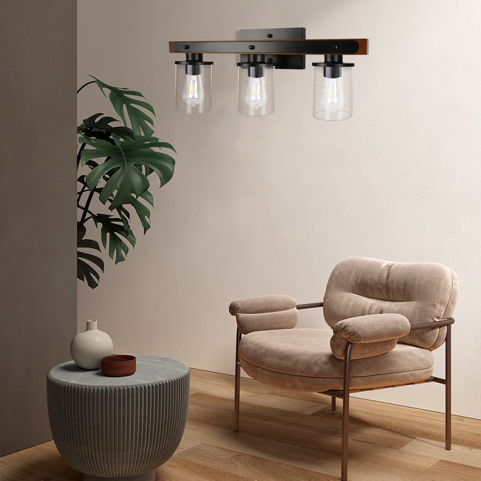 3-Lights Bathroom Vanity Light Wood Wall Light Fixtures - Wood Bathroom ...