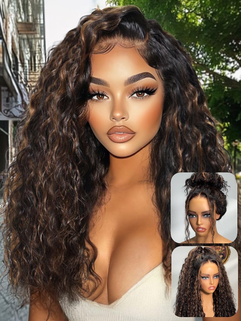 Amazon.com : UNICE Deep Water Wave 7x5 Bye Bye Knots Lace Front Wigs Human Hair Golden Brown ...