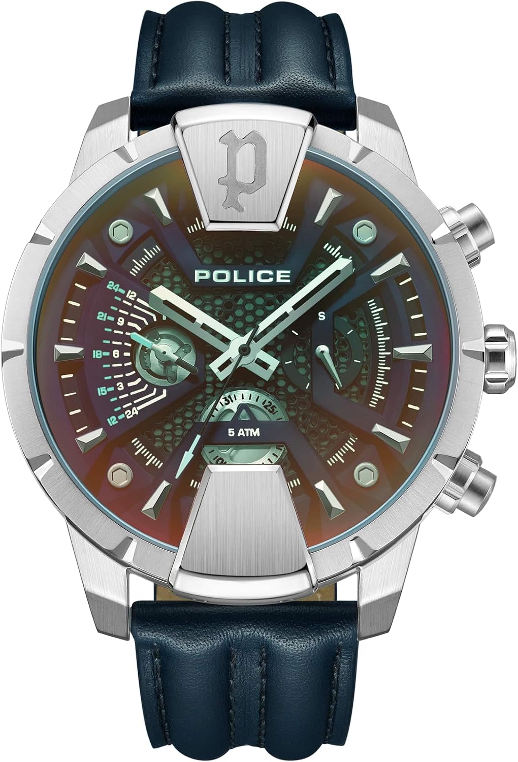 Police Huntley Men's Black Dial Blue Leather Strap Multifunction Watch ...