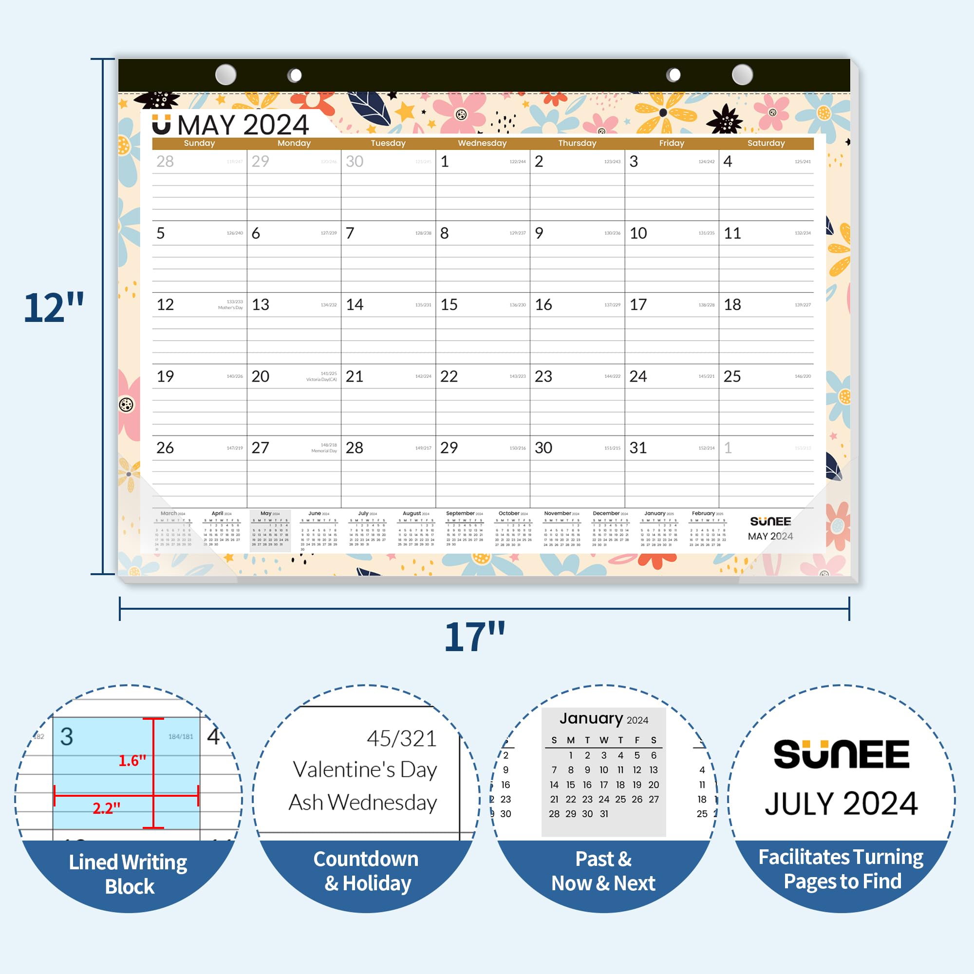 Snapklik.com : SUNEE 2024 Desk Pad Calendar 17x12, 18 Months, October 2023