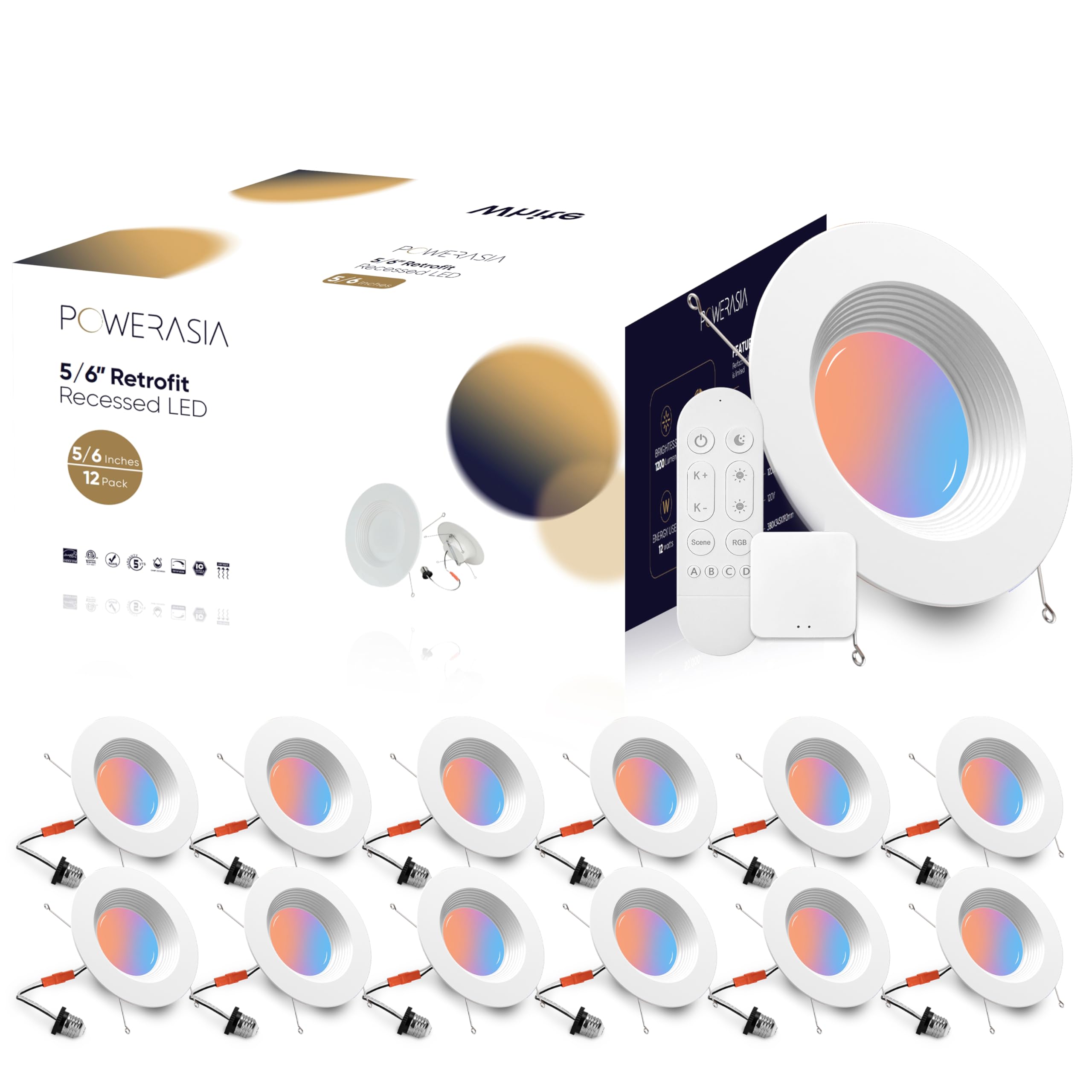 POWERASIA 12 Pack 5/6 Inch LED Can Lights Retrofit RGB Recessed ...