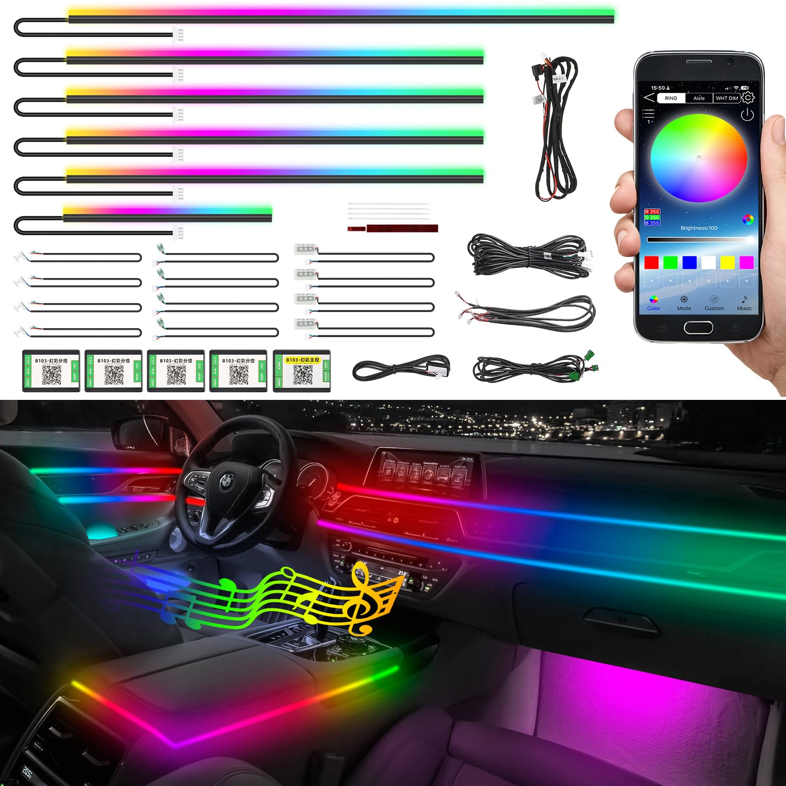 AUTOXBERT Dreamcolor Acrylic Interior Car Lights, 18 in 1 Car Ambient ...