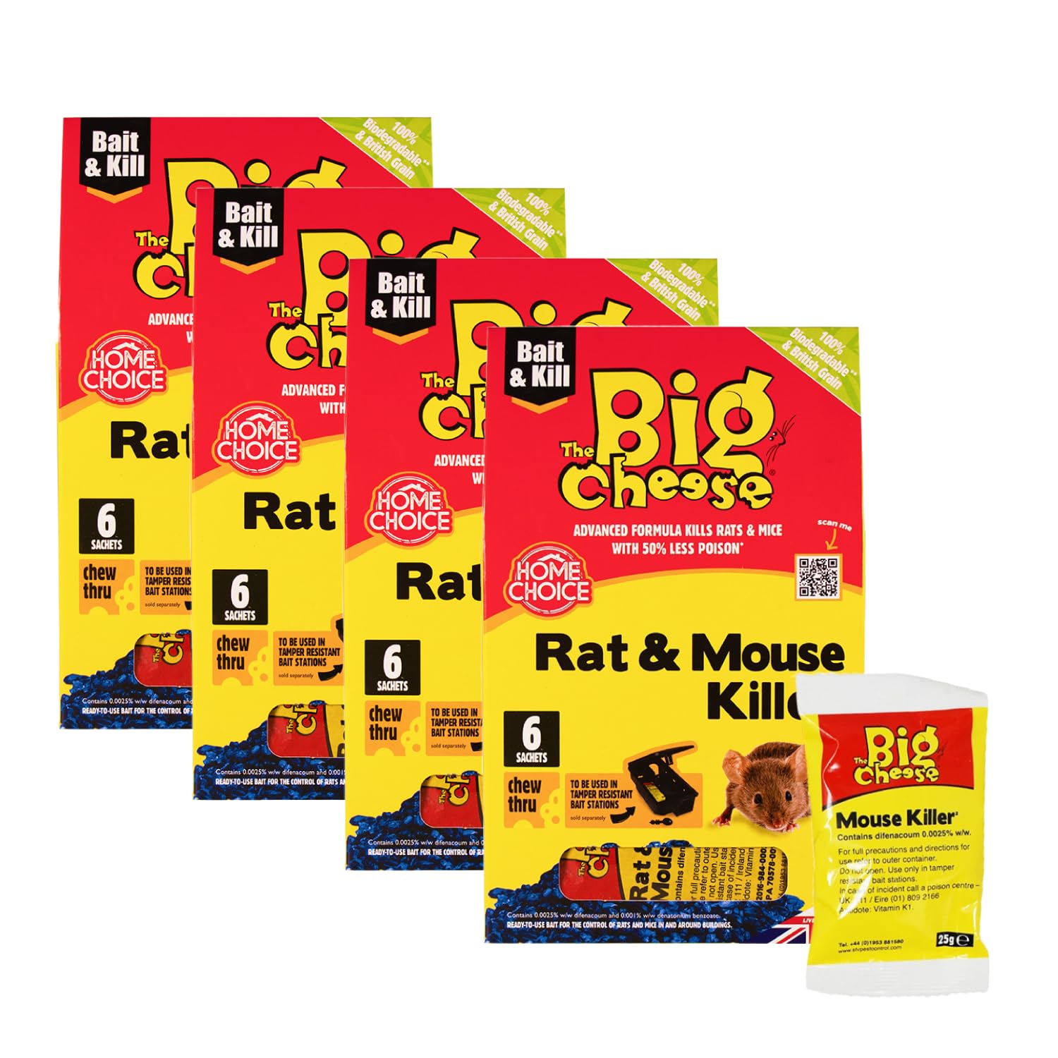 The Big Cheese Rat Poisoning Sachets - 4 Pack, 24 Total x 25g - Kills ...